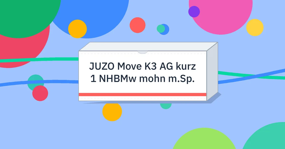 Symbolbild: Packung mit der Aufschrift JUZO Move K3 AG kurz 1 NHBMw mohn m.Sp. (PZN 18590781) – Verfügbarkeit und Bezug in Apotheken in Frankfurt am Main