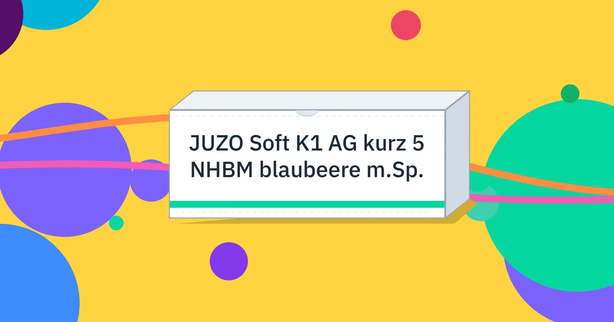 Symbolbild: Packung mit der Aufschrift JUZO Soft K1 AG kurz 5 NHBM blaubeere m.Sp. (PZN 15016426) – Verfügbarkeit und Bezug in Apotheken in Frankfurt am Main
