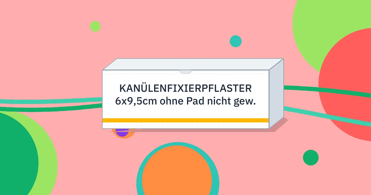 Symbolbild: Packung mit der Aufschrift KANÜLENFIXIERPFLASTER 6x9,5cm ohne Pad nicht gew. (PZN 19759963) – Verfügbarkeit und Bezug in Apotheken in Frankfurt am Main