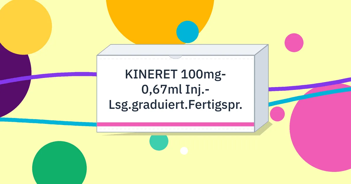 Symbolbild: Packung mit der Aufschrift KINERET 100mg-0,67ml Inj.-Lsg.graduiert.Fertigspr. (PZN 18047060) – Verfügbarkeit und Bezug in Apotheken in Frankfurt am Main