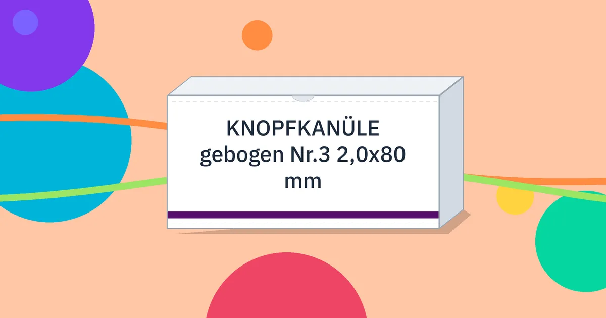 Symbolbild: Packung mit der Aufschrift KNOPFKANÜLE gebogen Nr.3 2,0x80 mm (PZN 04917474) – Verfügbarkeit und Bezug in Apotheken in Frankfurt am Main