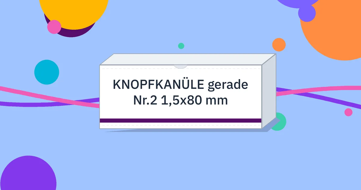 Symbolbild: Packung mit der Aufschrift KNOPFKANÜLE gerade Nr.2 1,5x80 mm (PZN 04917480) – Verfügbarkeit und Bezug in Apotheken in Frankfurt am Main
