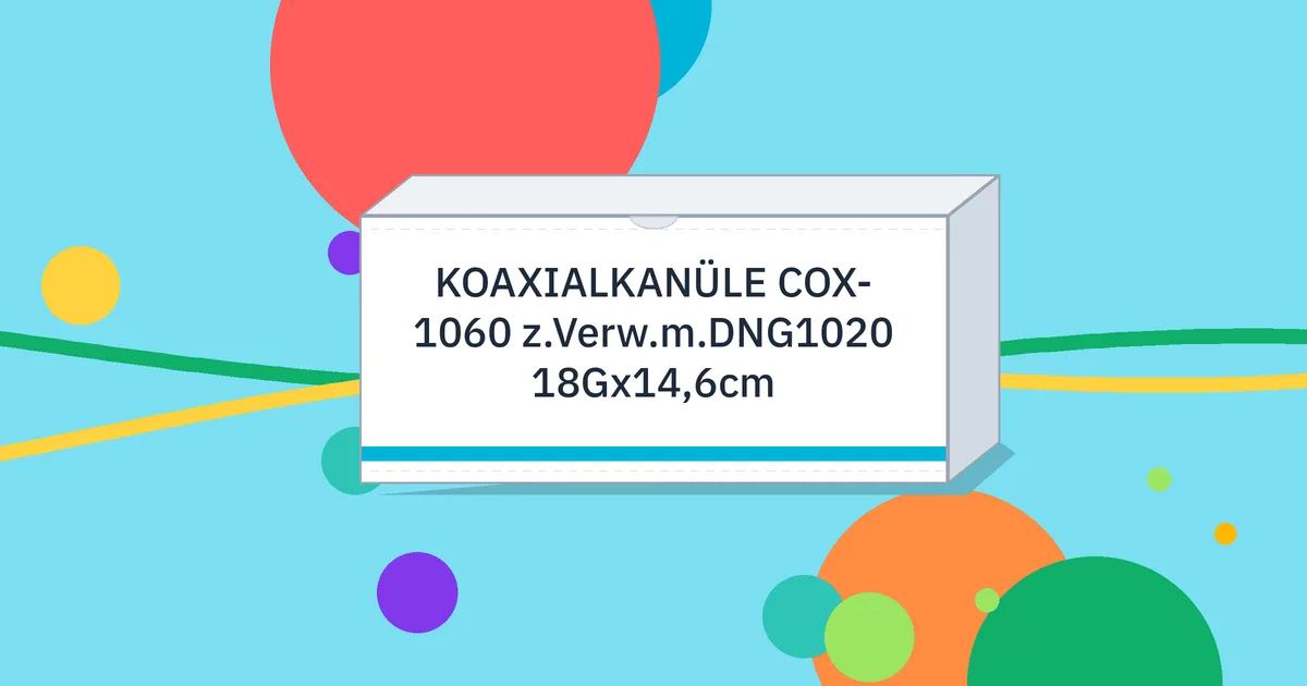 Symbolbild: Packung mit der Aufschrift KOAXIALKANÜLE COX-1060 z.Verw.m.DNG1020 18Gx14,6cm (PZN 00284138) – Verfügbarkeit und Bezug in Apotheken in Frankfurt am Main