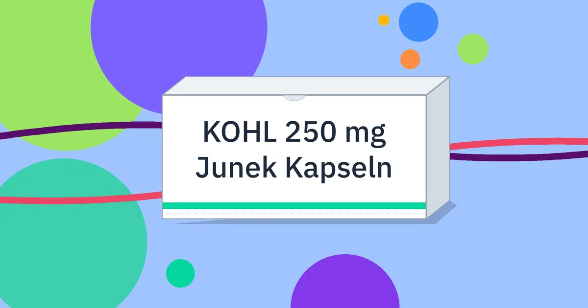 Symbolbild: Packung mit der Aufschrift KOHL 250 mg Junek Kapseln (PZN 01105971) – Verfügbarkeit und Bezug in Apotheken in Frankfurt am Main