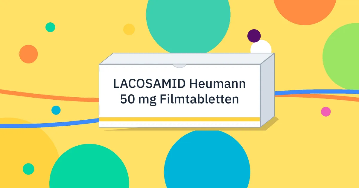 Symbolbild: Packung mit der Aufschrift LACOSAMID Heumann 50 mg Filmtabletten (PZN 16358181) – Verfügbarkeit und Bezug in Apotheken in Frankfurt am Main