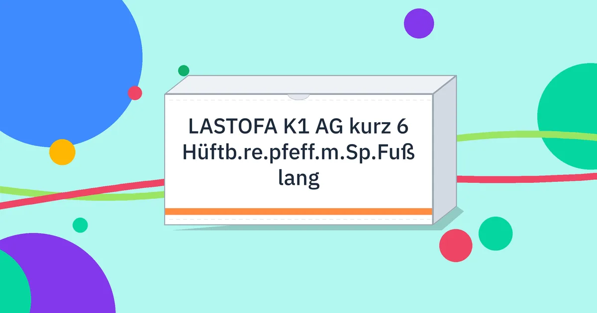 Symbolbild: Packung mit der Aufschrift LASTOFA K1 AG kurz 6 Hüftb.re.pfeff.m.Sp.Fuß lang (PZN 13799341) – Verfügbarkeit und Bezug in Apotheken in Frankfurt am Main