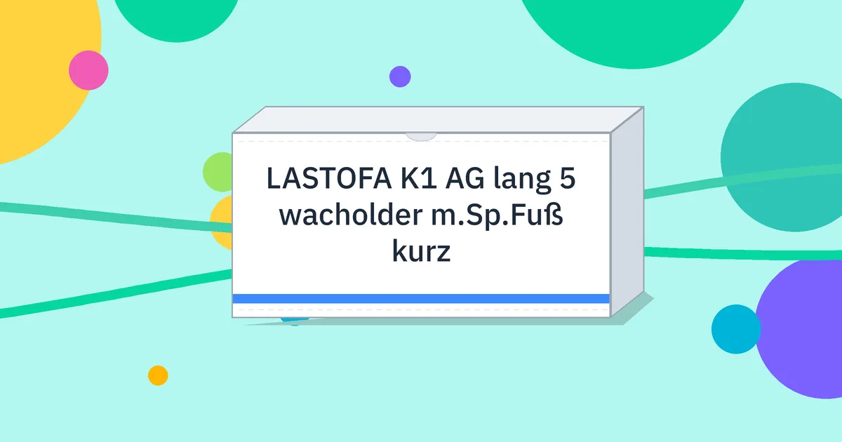 Symbolbild: Packung mit der Aufschrift LASTOFA K1 AG lang 5 wacholder m.Sp.Fuß kurz (PZN 13793195) – Verfügbarkeit und Bezug in Apotheken in Frankfurt am Main