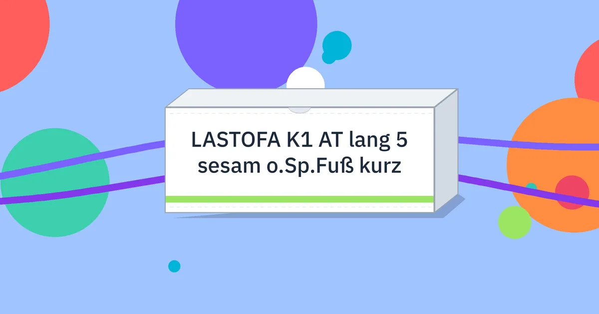 Symbolbild: Packung mit der Aufschrift LASTOFA K1 AT lang 5 sesam o.Sp.Fuß kurz (PZN 13796696) – Verfügbarkeit und Bezug in Apotheken in Frankfurt am Main