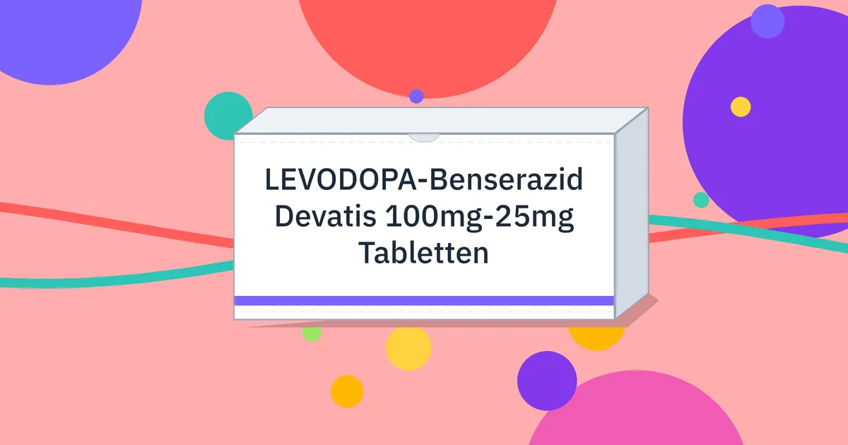 Symbolbild: Packung mit der Aufschrift LEVODOPA-Benserazid Devatis 100mg-25mg Tabletten (PZN 16856855) – Verfügbarkeit und Bezug in Apotheken in Frankfurt am Main