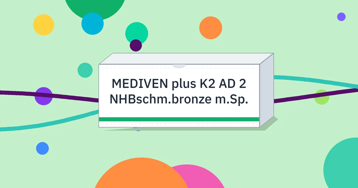Symbolbild: Packung mit der Aufschrift MEDIVEN plus K2 AD 2 NHBschm.bronze m.Sp. (PZN 15938769) – Verfügbarkeit und Bezug in Apotheken in Frankfurt am Main