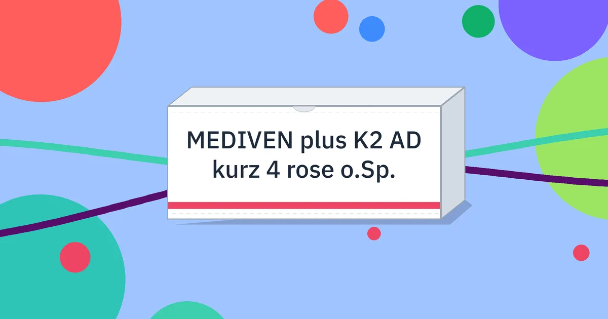 Symbolbild: Packung mit der Aufschrift MEDIVEN plus K2 AD kurz 4 rose o.Sp. (PZN 15097005) – Verfügbarkeit und Bezug in Apotheken in Frankfurt am Main