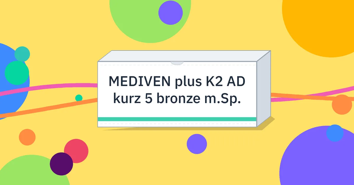 Symbolbild: Packung mit der Aufschrift MEDIVEN plus K2 AD kurz 5 bronze m.Sp. (PZN 15097525) – Verfügbarkeit und Bezug in Apotheken in Frankfurt am Main