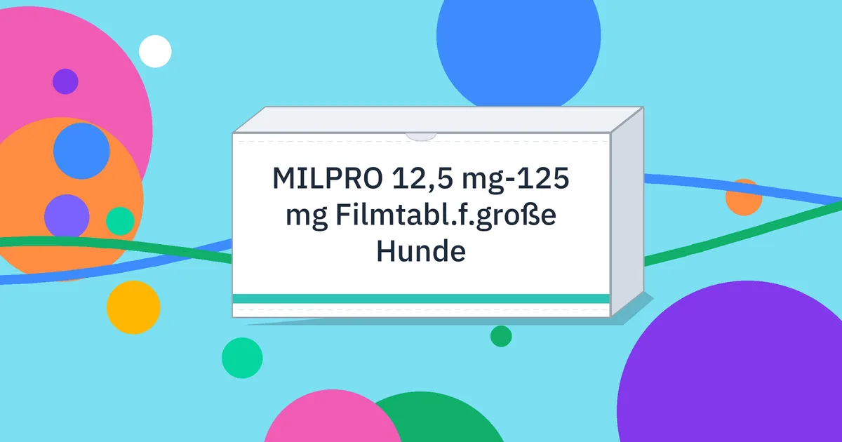 Symbolbild: Packung mit der Aufschrift MILPRO 12,5 mg-125 mg Filmtabl.f.große Hunde (PZN 11032233) – Verfügbarkeit und Bezug in Apotheken in Frankfurt am Main