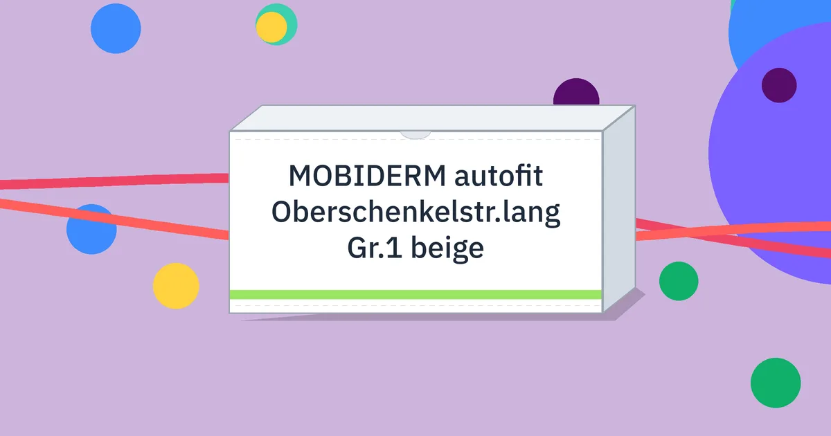 Symbolbild: Packung mit der Aufschrift MOBIDERM autofit Oberschenkelstr.lang Gr.1 beige (PZN 13970094) – Verfügbarkeit und Bezug in Apotheken in Frankfurt am Main