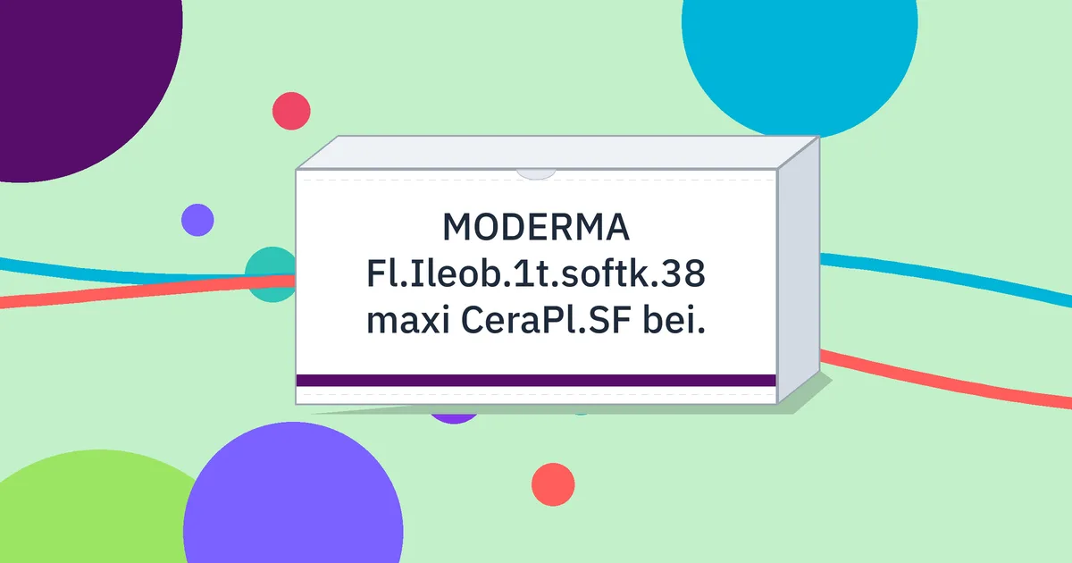 Symbolbild: Packung mit der Aufschrift MODERMA Fl.Ileob.1t.softk.38 maxi CeraPl.SF bei. (PZN 18109051) – Verfügbarkeit und Bezug in Apotheken in Frankfurt am Main
