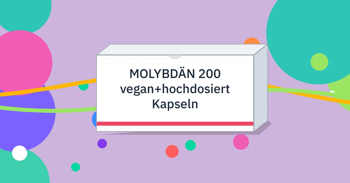 Symbolbild: Packung mit der Aufschrift MOLYBDÄN 200 vegan+hochdosiert Kapseln (PZN 19114031) – Verfügbarkeit und Bezug in Apotheken in Frankfurt am Main