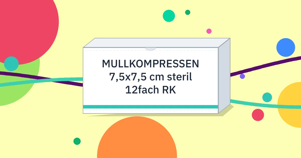 Symbolbild: Packung mit der Aufschrift MULLKOMPRESSEN 7,5x7,5 cm steril 12fach RK (PZN 20646514) – Verfügbarkeit und Bezug in Apotheken in Frankfurt am Main