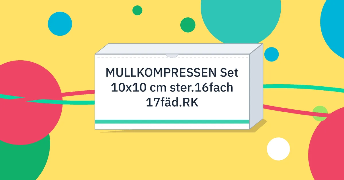 Symbolbild: Packung mit der Aufschrift MULLKOMPRESSEN Set 10x10 cm ster.16fach 17fäd.RK (PZN 06931314) – Verfügbarkeit und Bezug in Apotheken in Frankfurt am Main