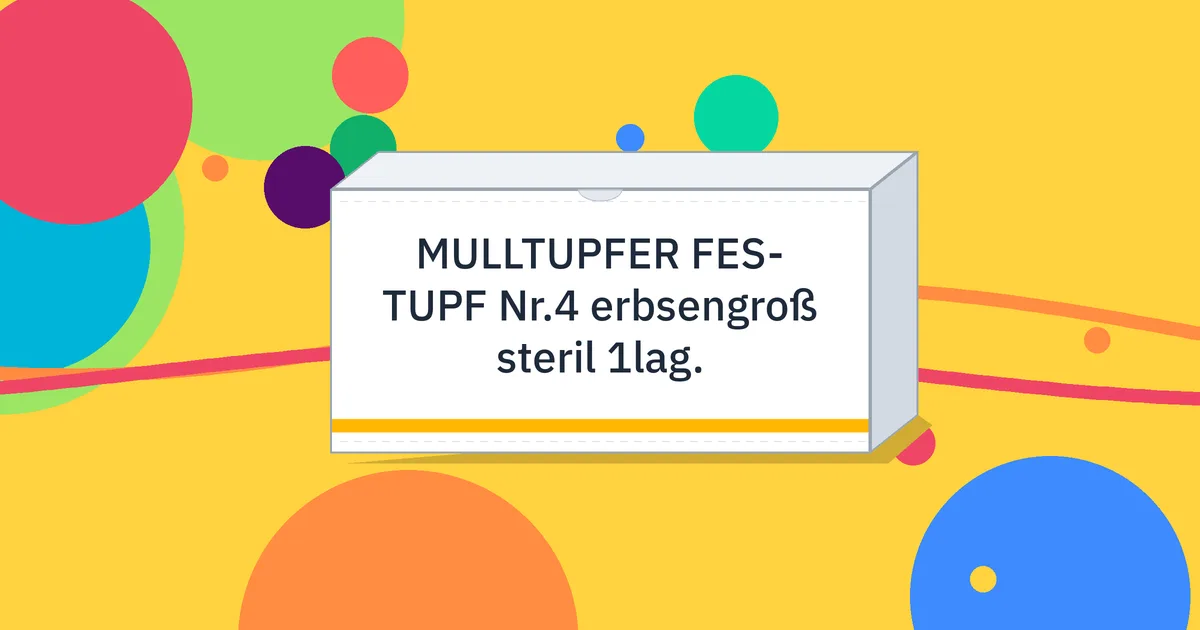 Symbolbild: Packung mit der Aufschrift MULLTUPFER FES-TUPF Nr.4 erbsengroß steril 1lag. (PZN 14266434) – Verfügbarkeit und Bezug in Apotheken in Frankfurt am Main