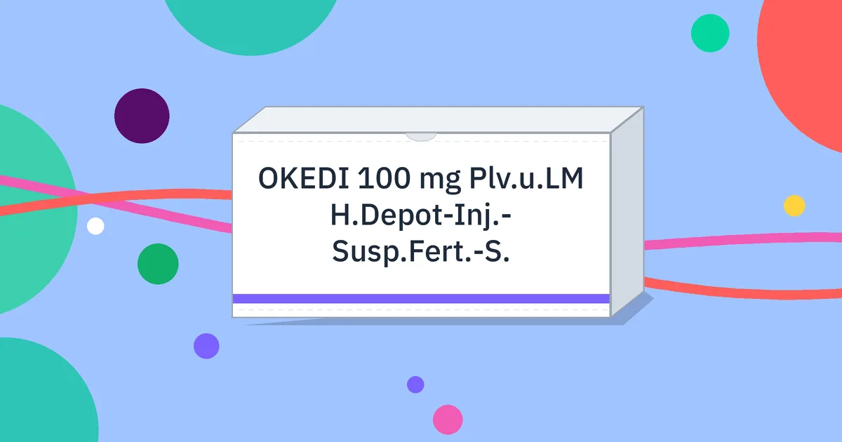 Symbolbild: Packung mit der Aufschrift OKEDI 100 mg Plv.u.LM H.Depot-Inj.-Susp.Fert.-S. (PZN 19725450) – Verfügbarkeit und Bezug in Apotheken in Frankfurt am Main