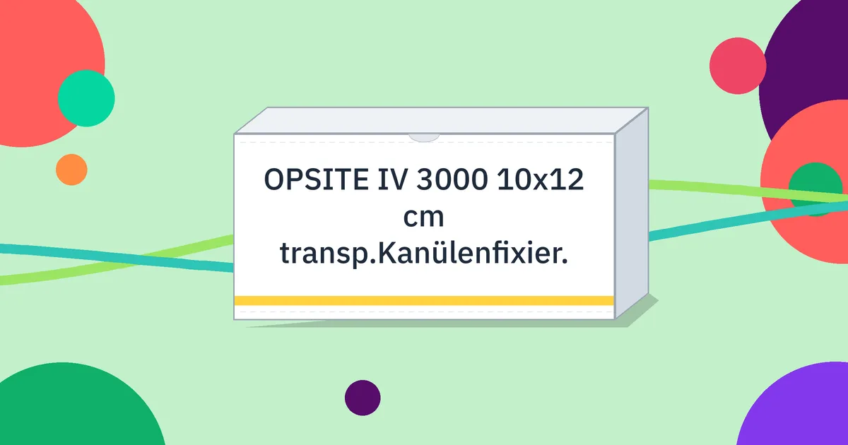 Symbolbild: Packung mit der Aufschrift OPSITE IV 3000 10x12 cm transp.Kanülenfixier. (PZN 11550956) – Verfügbarkeit und Bezug in Apotheken in Frankfurt am Main