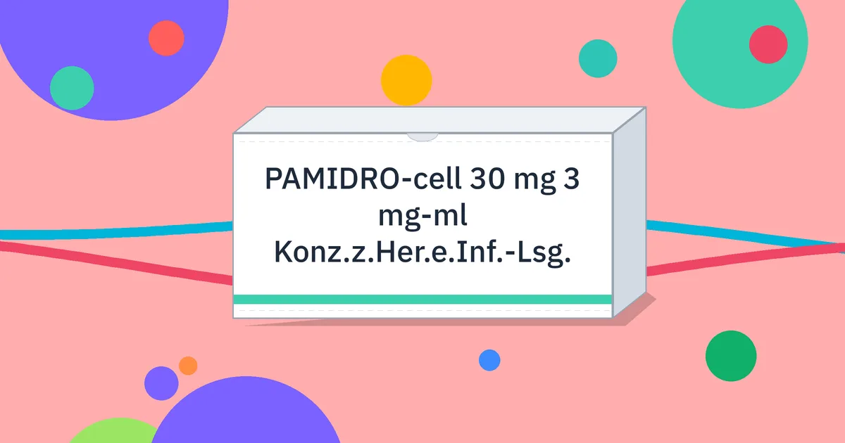 Symbolbild: Packung mit der Aufschrift PAMIDRO-cell 30 mg 3 mg-ml Konz.z.Her.e.Inf.-Lsg. (PZN 03145638) – Verfügbarkeit und Bezug in Apotheken in Frankfurt am Main