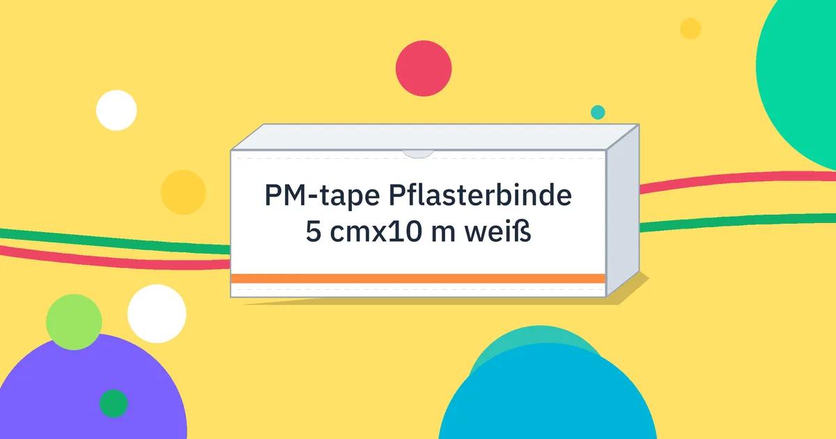 Symbolbild: Packung mit der Aufschrift PM-tape Pflasterbinde 5 cmx10 m weiß (PZN 18846708) – Verfügbarkeit und Bezug in Apotheken in Frankfurt am Main