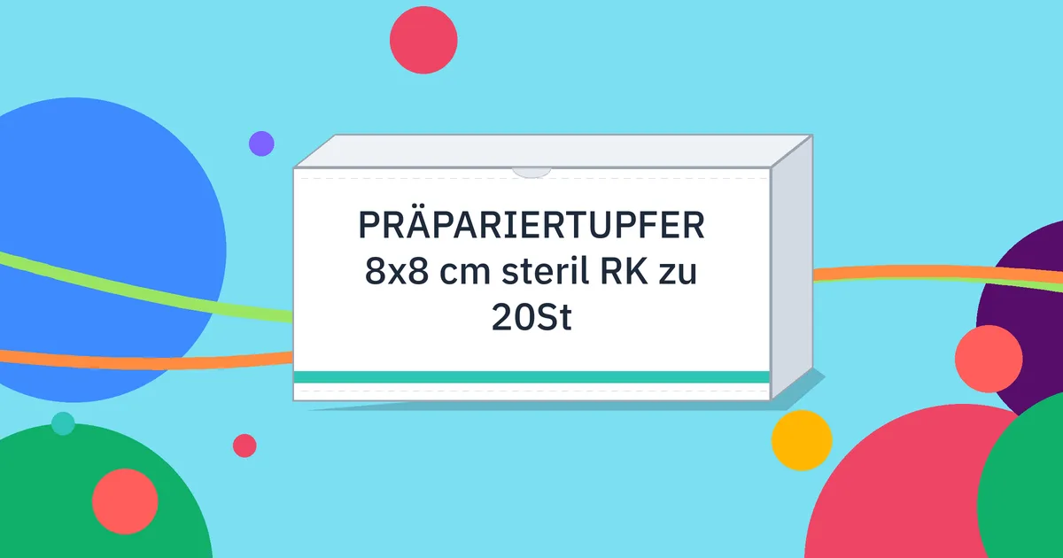 Symbolbild: Packung mit der Aufschrift PRÄPARIERTUPFER 8x8 cm steril RK zu 20St (PZN 13165760) – Verfügbarkeit und Bezug in Apotheken in Frankfurt am Main