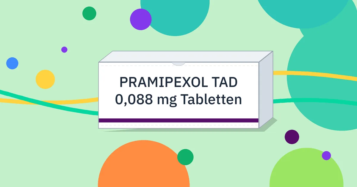 Symbolbild: Packung mit der Aufschrift PRAMIPEXOL TAD 0,088 mg Tabletten (PZN 09197412) – Verfügbarkeit und Bezug in Apotheken in Frankfurt am Main