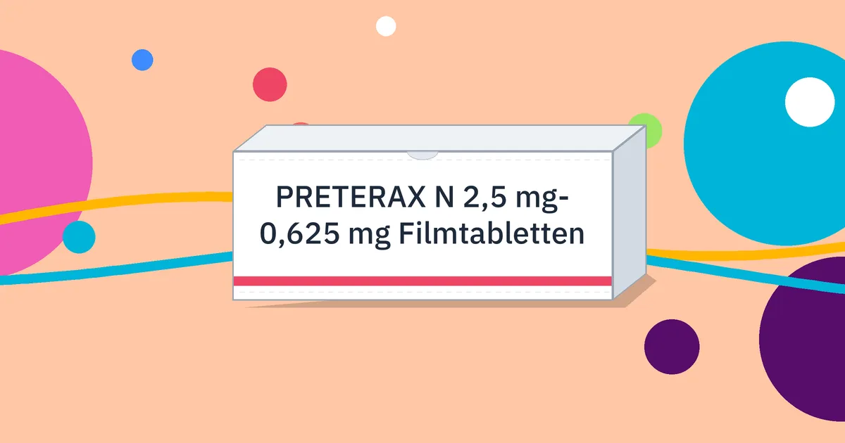 Symbolbild: Packung mit der Aufschrift PRETERAX N 2,5 mg-0,625 mg Filmtabletten (PZN 03442253) – Verfügbarkeit und Bezug in Apotheken in Frankfurt am Main