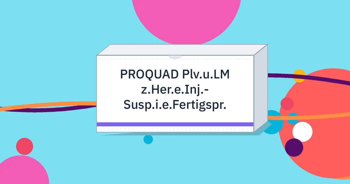 Symbolbild: Packung mit der Aufschrift PROQUAD Plv.u.LM z.Her.e.Inj.-Susp.i.e.Fertigspr. (PZN 18197919) – Verfügbarkeit und Bezug in Apotheken in Frankfurt am Main
