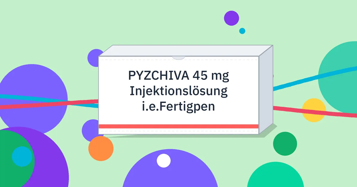 Symbolbild: Packung mit der Aufschrift PYZCHIVA 45 mg Injektionslösung i.e.Fertigpen (PZN 20193550) – Verfügbarkeit und Bezug in Apotheken in Frankfurt am Main