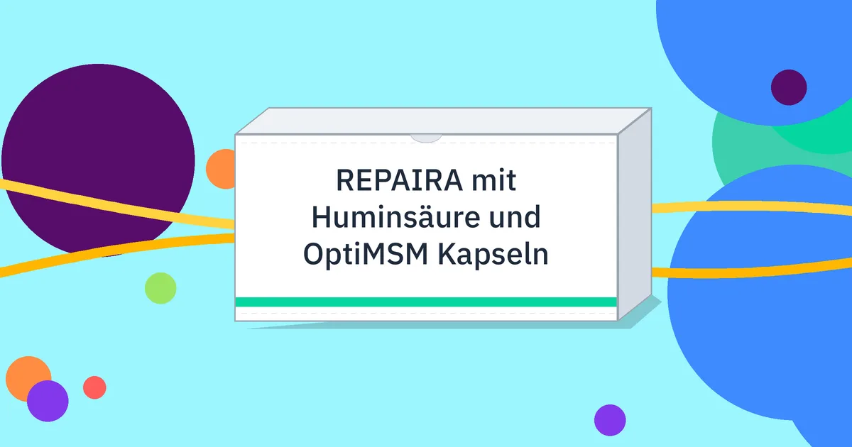 Symbolbild: Packung mit der Aufschrift REPAIRA mit Huminsäure und OptiMSM Kapseln (PZN 17917033) – Verfügbarkeit und Bezug in Apotheken in Frankfurt am Main