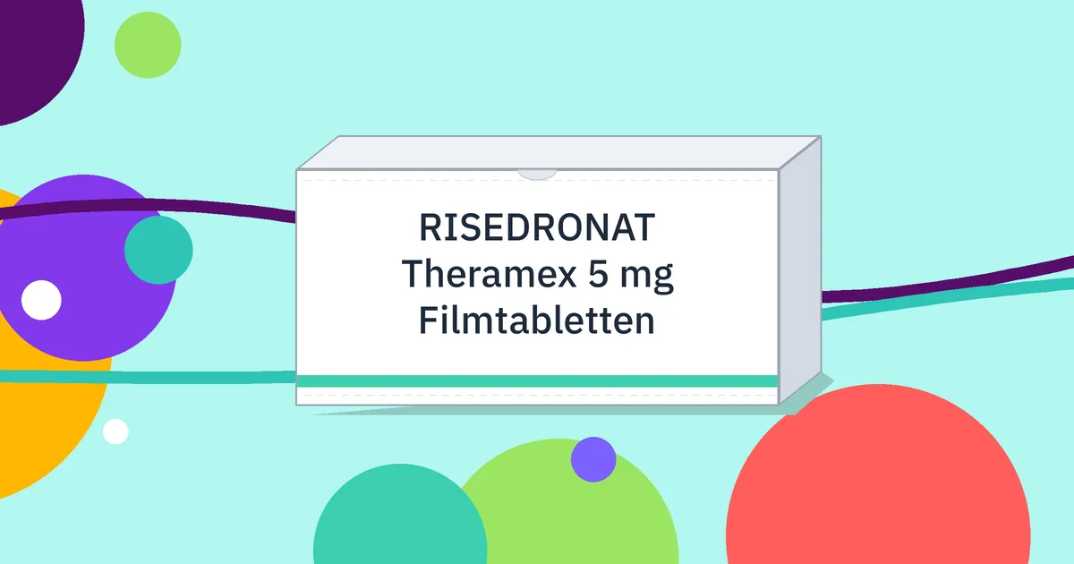 Symbolbild: Packung mit der Aufschrift RISEDRONAT Theramex 5 mg Filmtabletten (PZN 18116967) – Verfügbarkeit und Bezug in Apotheken in Frankfurt am Main