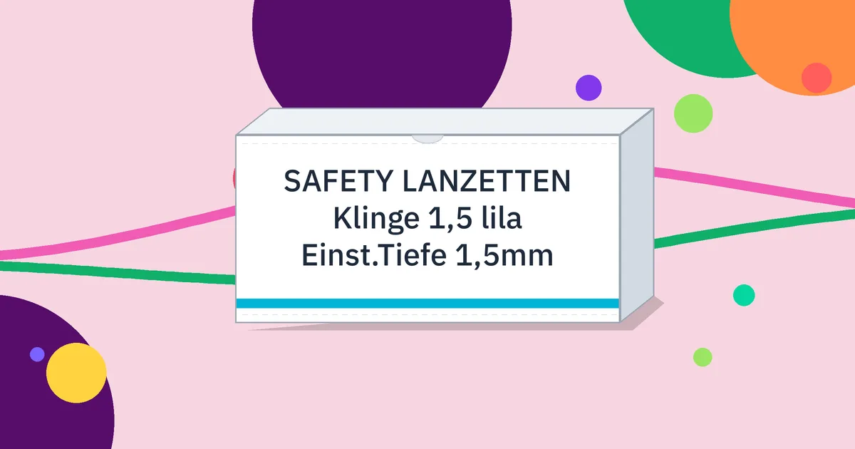 Symbolbild: Packung mit der Aufschrift SAFETY LANZETTEN Klinge 1,5 lila Einst.Tiefe 1,5mm (PZN 09618724) – Verfügbarkeit und Bezug in Apotheken in Frankfurt am Main