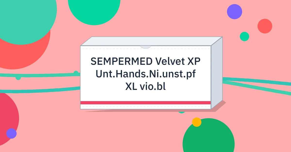 Symbolbild: Packung mit der Aufschrift SEMPERMED Velvet XP Unt.Hands.Ni.unst.pf XL vio.bl (PZN 19971255) – Verfügbarkeit und Bezug in Apotheken in Frankfurt am Main
