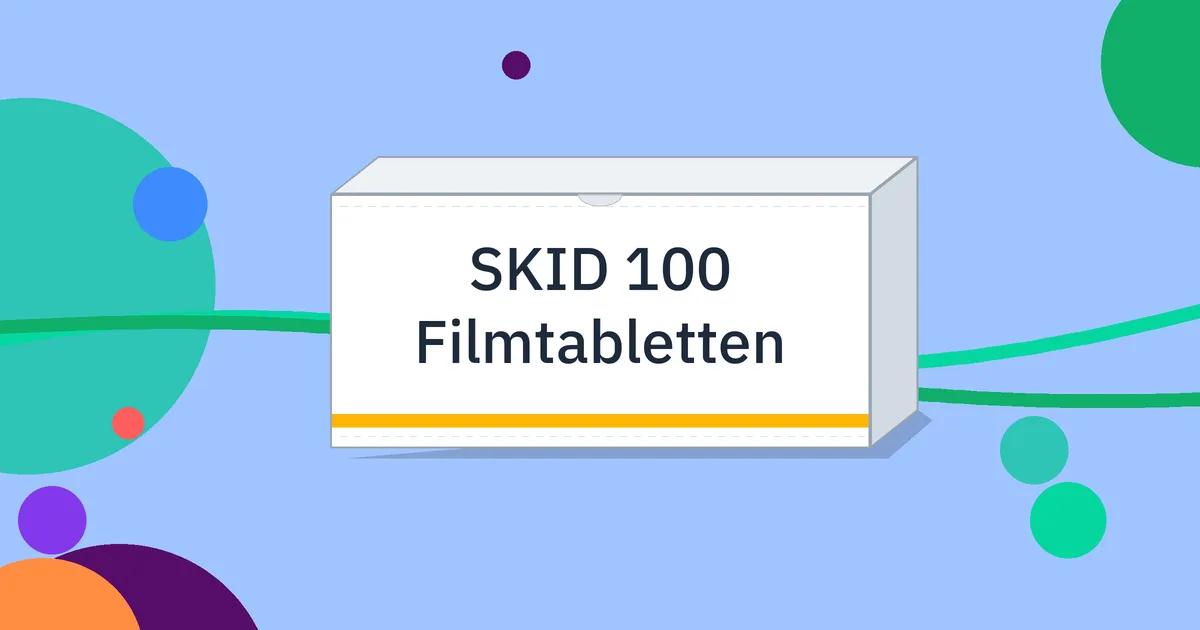 Symbolbild: Packung mit der Aufschrift SKID 100 Filmtabletten (PZN 04644869) – Verfügbarkeit und Bezug in Apotheken in Frankfurt am Main