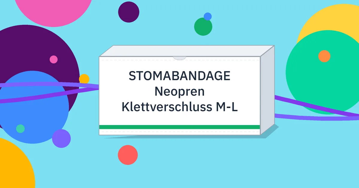 Symbolbild: Packung mit der Aufschrift STOMABANDAGE Neopren Klettverschluss M-L (PZN 15233626) – Verfügbarkeit und Bezug in Apotheken in Frankfurt am Main