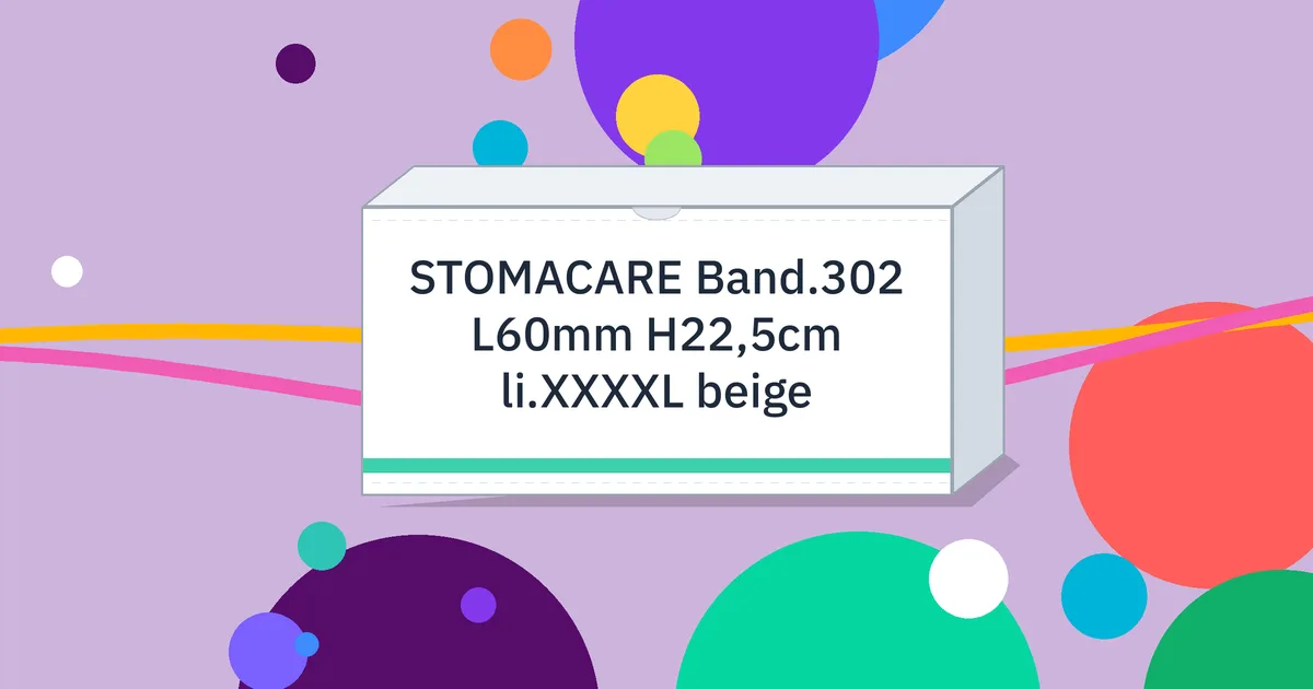 Symbolbild: Packung mit der Aufschrift STOMACARE Band.302 L60mm H22,5cm li.XXXXL beige (PZN 10840095) – Verfügbarkeit und Bezug in Apotheken in Frankfurt am Main