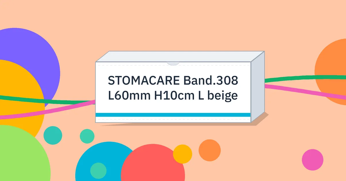 Symbolbild: Packung mit der Aufschrift STOMACARE Band.308 L60mm H10cm L beige (PZN 10840480) – Verfügbarkeit und Bezug in Apotheken in Frankfurt am Main