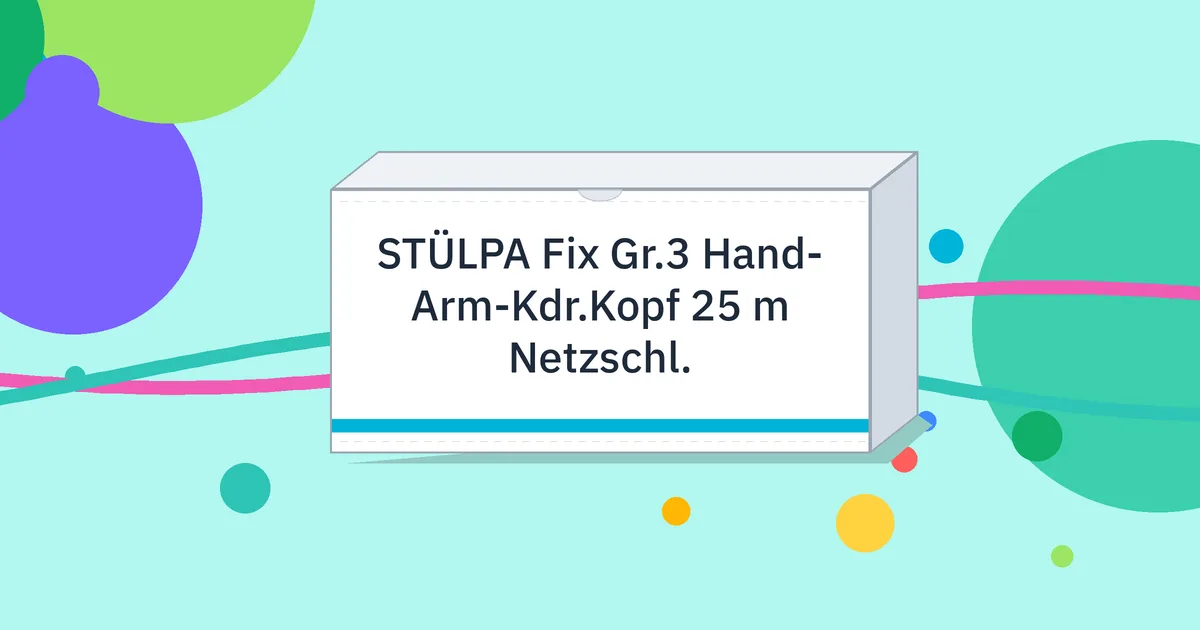 Symbolbild: Packung mit der Aufschrift STÜLPA Fix Gr.3 Hand-Arm-Kdr.Kopf 25 m Netzschl. (PZN 15824161) – Verfügbarkeit und Bezug in Apotheken in Frankfurt am Main