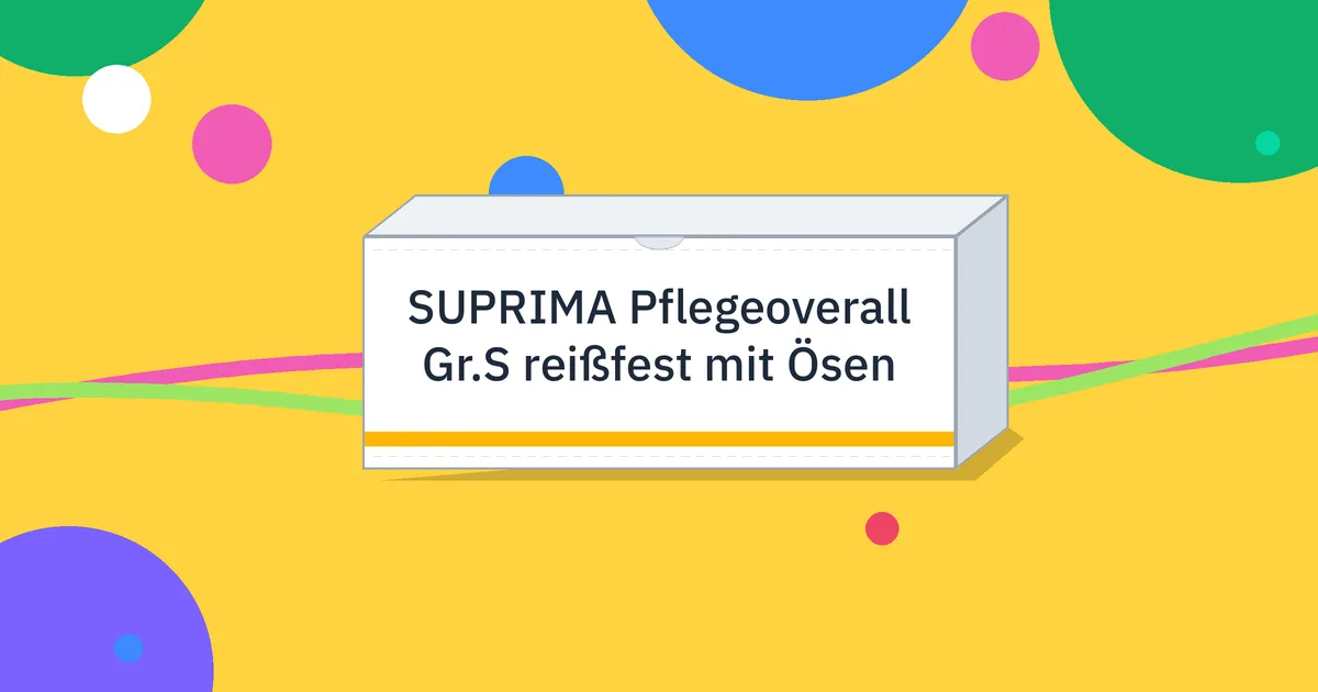 Symbolbild: Packung mit der Aufschrift SUPRIMA Pflegeoverall Gr.S reißfest mit Ösen (PZN 00082044) – Verfügbarkeit und Bezug in Apotheken in Frankfurt am Main
