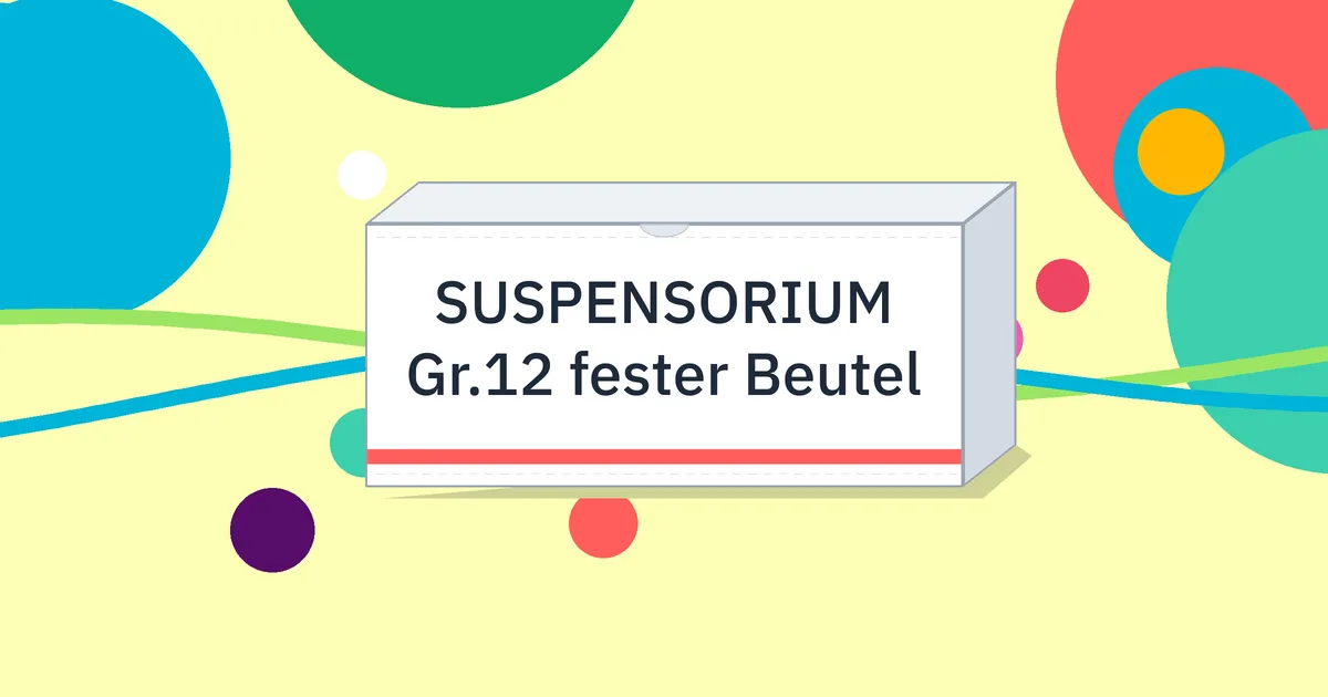 Symbolbild: Packung mit der Aufschrift SUSPENSORIUM Gr.12 fester Beutel (PZN 08517375) – Verfügbarkeit und Bezug in Apotheken in Frankfurt am Main