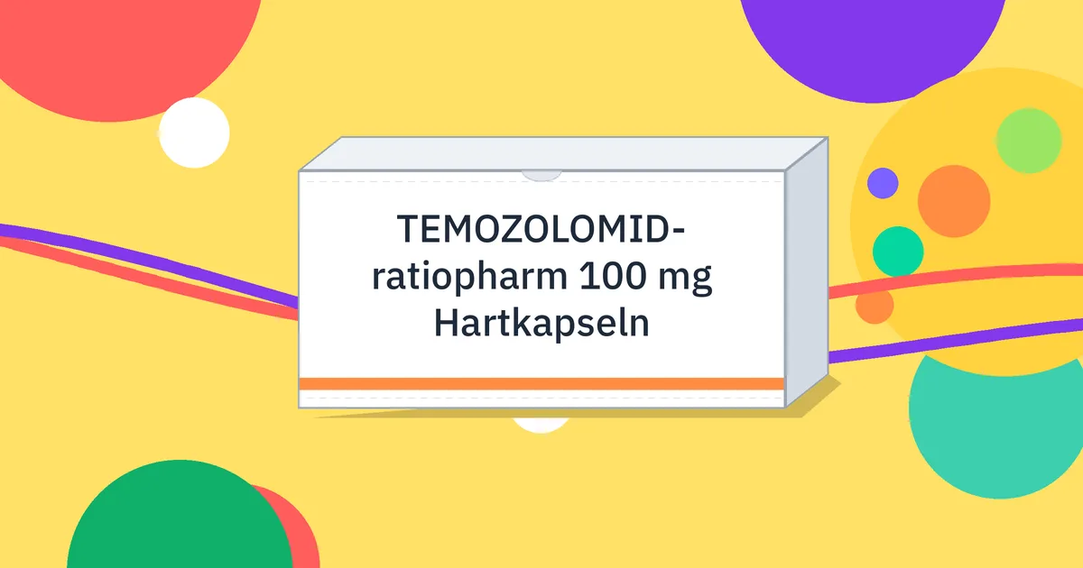 Symbolbild: Packung mit der Aufschrift TEMOZOLOMID-ratiopharm 100 mg Hartkapseln (PZN 05884647) – Verfügbarkeit und Bezug in Apotheken in Frankfurt am Main