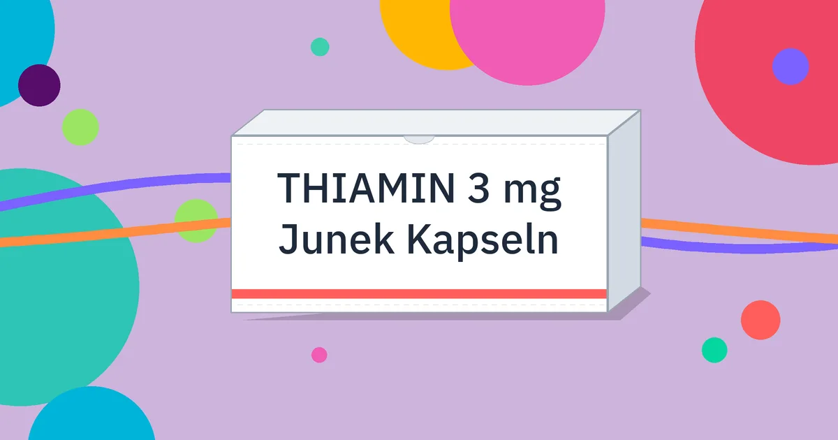 Symbolbild: Packung mit der Aufschrift THIAMIN 3 mg Junek Kapseln (PZN 20281573) – Verfügbarkeit und Bezug in Apotheken in Frankfurt am Main