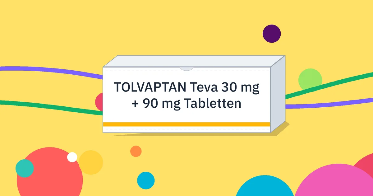 Symbolbild: Packung mit der Aufschrift TOLVAPTAN Teva 30 mg + 90 mg Tabletten (PZN 19769275) – Verfügbarkeit und Bezug in Apotheken in Frankfurt am Main