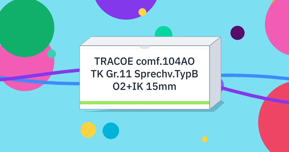 Symbolbild: Packung mit der Aufschrift TRACOE comf.104AO TK Gr.11 Sprechv.TypB O2+IK 15mm (PZN 18232739) – Verfügbarkeit und Bezug in Apotheken in Frankfurt am Main