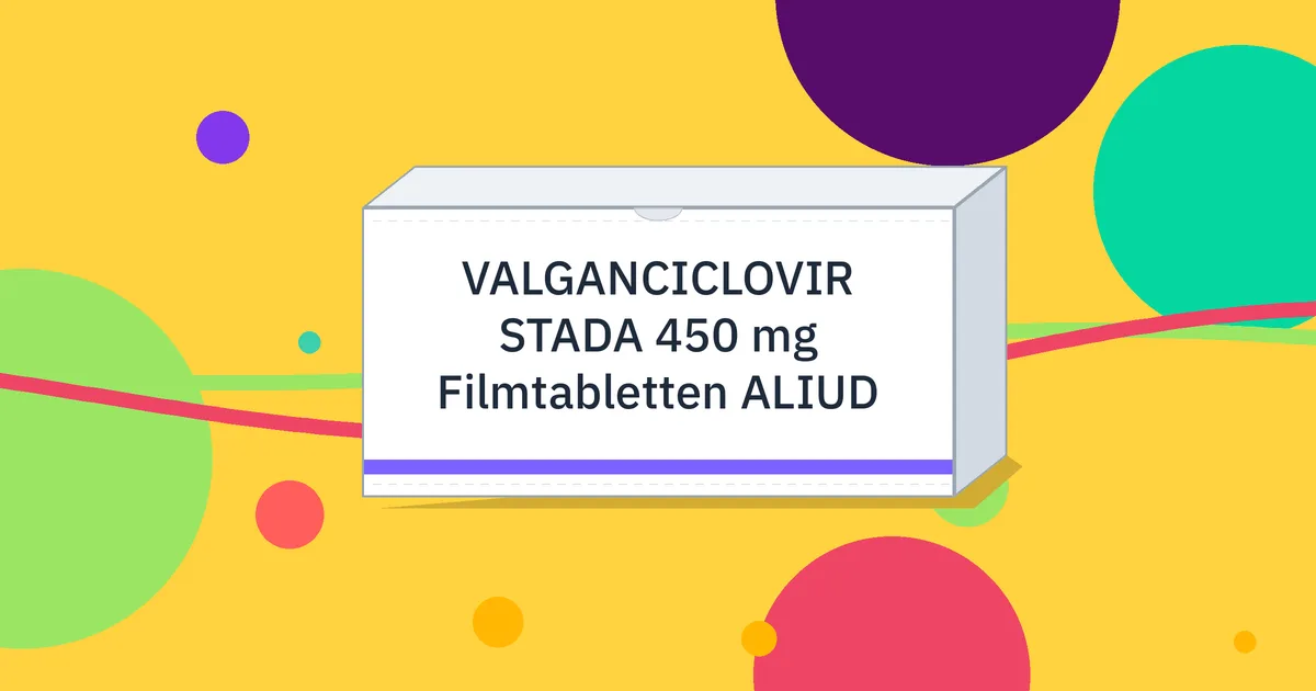 Symbolbild: Packung mit der Aufschrift VALGANCICLOVIR STADA 450 mg Filmtabletten ALIUD (PZN 13197493) – Verfügbarkeit und Bezug in Apotheken in Frankfurt am Main