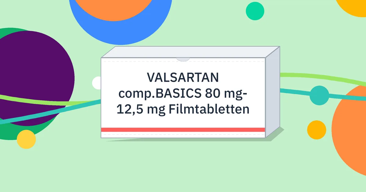 Symbolbild: Packung mit der Aufschrift VALSARTAN comp.BASICS 80 mg-12,5 mg Filmtabletten (PZN 08472052) – Verfügbarkeit und Bezug in Apotheken in Frankfurt am Main