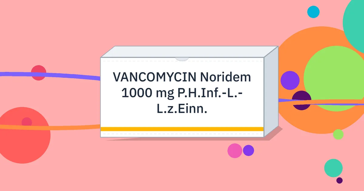 Symbolbild: Packung mit der Aufschrift VANCOMYCIN Noridem 1000 mg P.H.Inf.-L.-L.z.Einn. (PZN 12483854) – Verfügbarkeit und Bezug in Apotheken in Frankfurt am Main